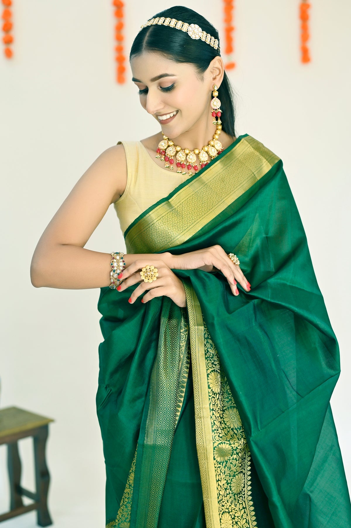 Plain Green Saree With Golden Border