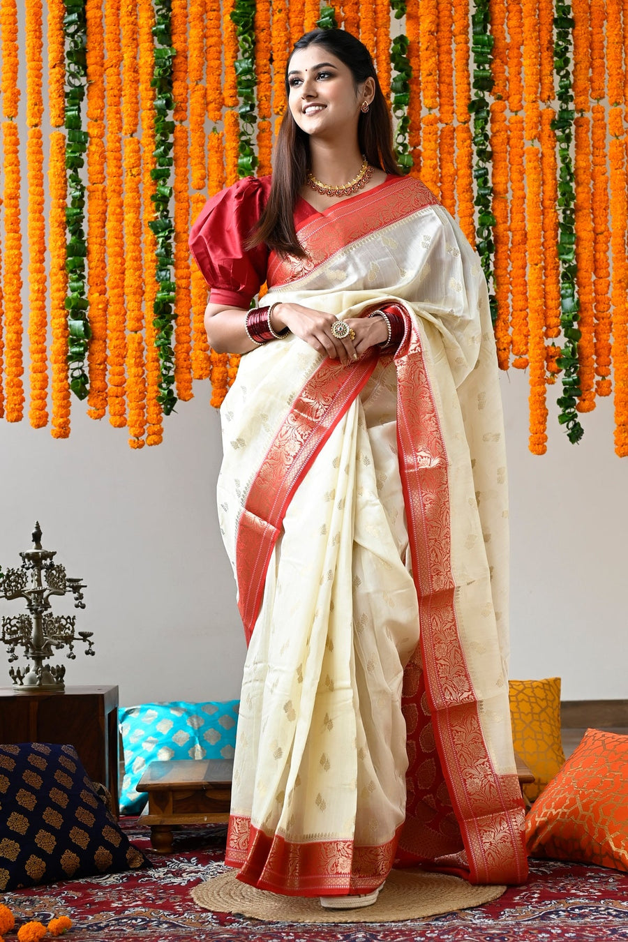 Ivory Color Saree | Ivory Sarees Online at BharatSthali