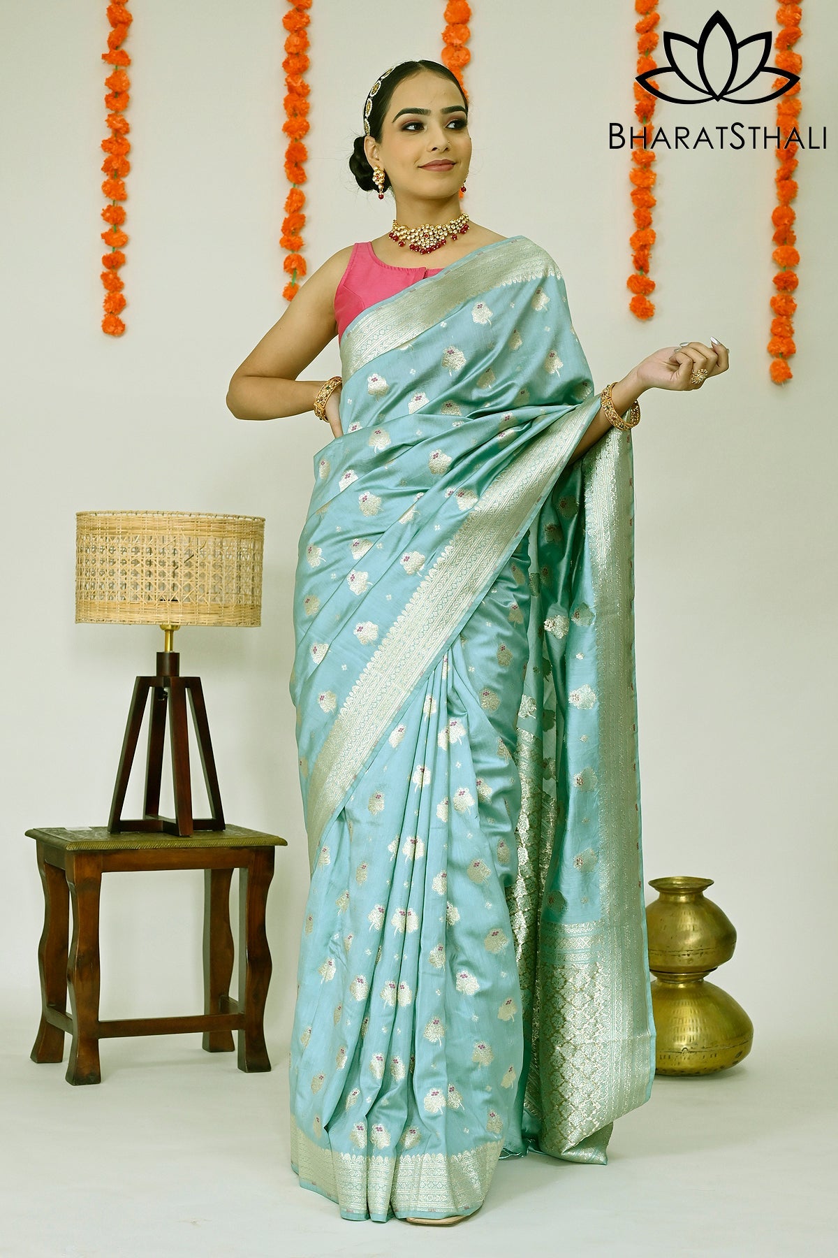 Bluish Grey Soft Banarasi Silk Saree with Richness of Zari – BharatSthali
