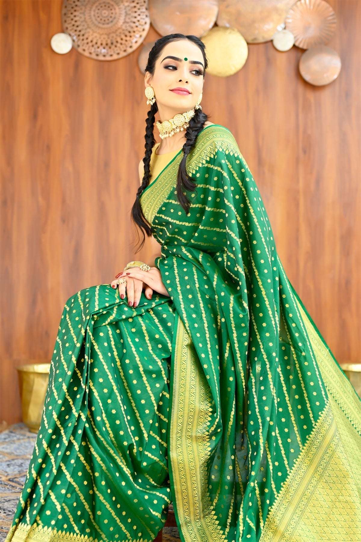 Green Color Leheriya - Banarasi Silk Saree with Golden Zari Border and ...